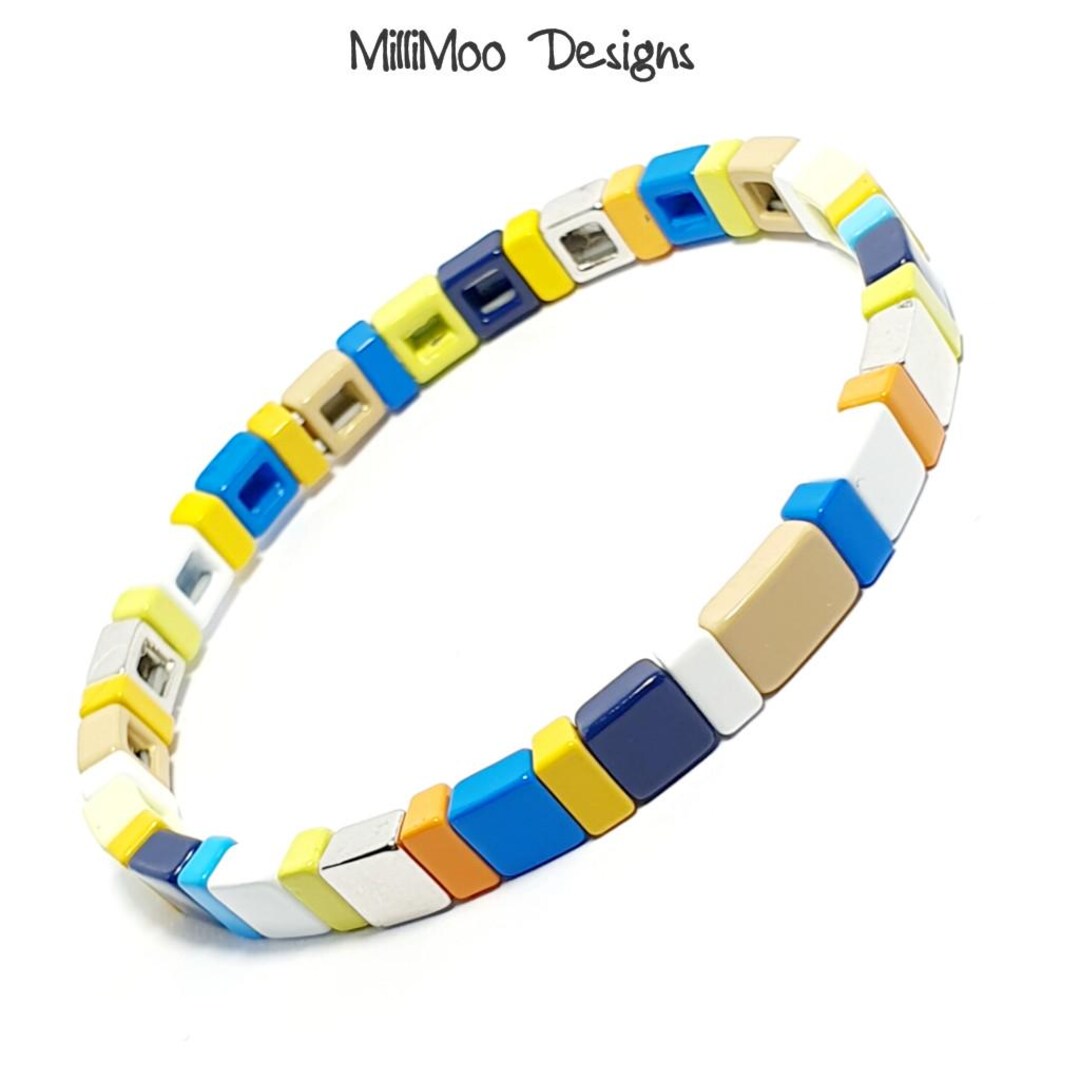 Rainbow Enamel Tile Bracelet: Boho Stacking Stretch Bracelet - Etsy
