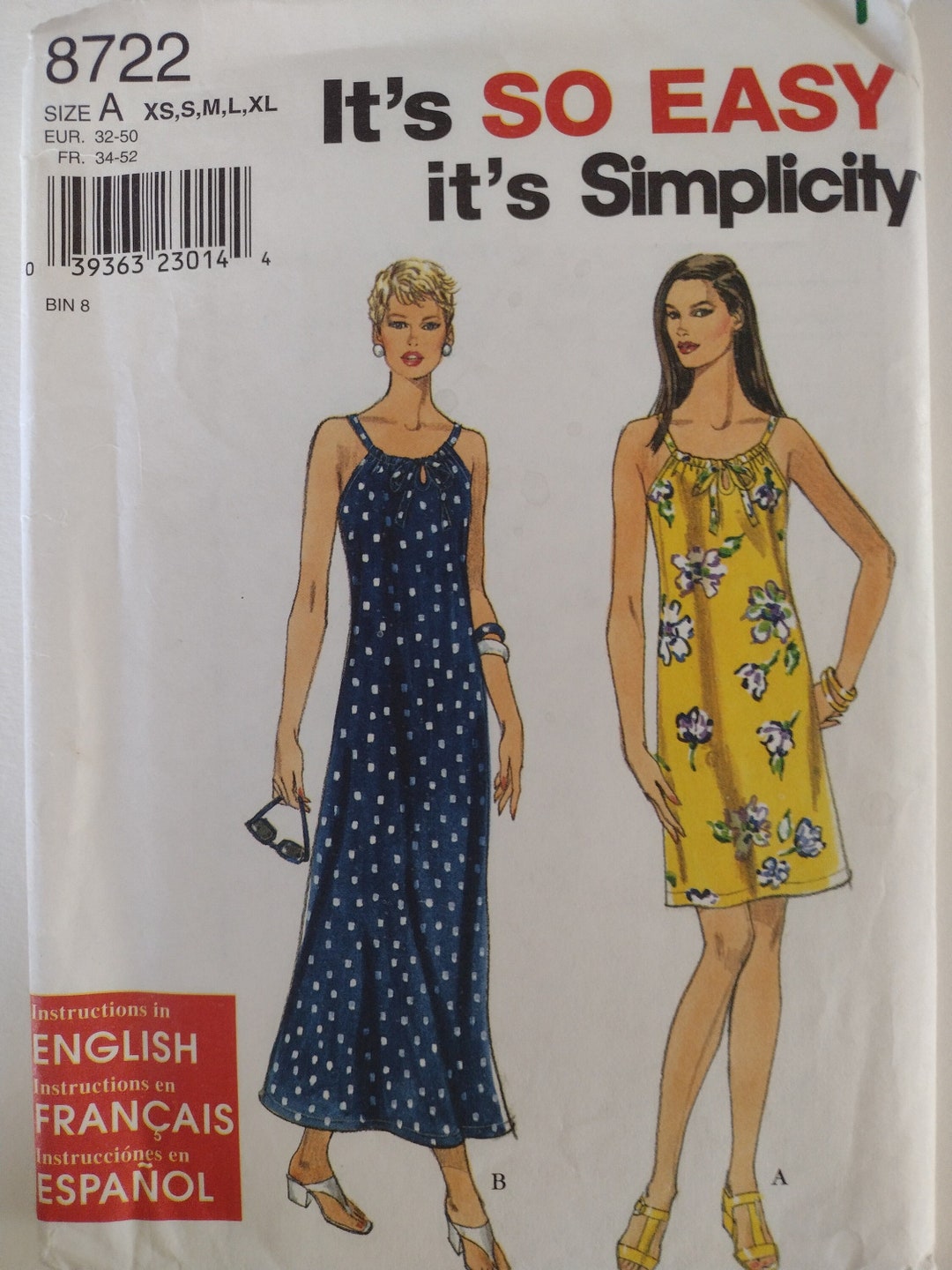 Simplicity 8722 It's so Easy Vintage Sewing Pattern to Make a Summer Dress in Sizes XS,S,M,L,XL ...