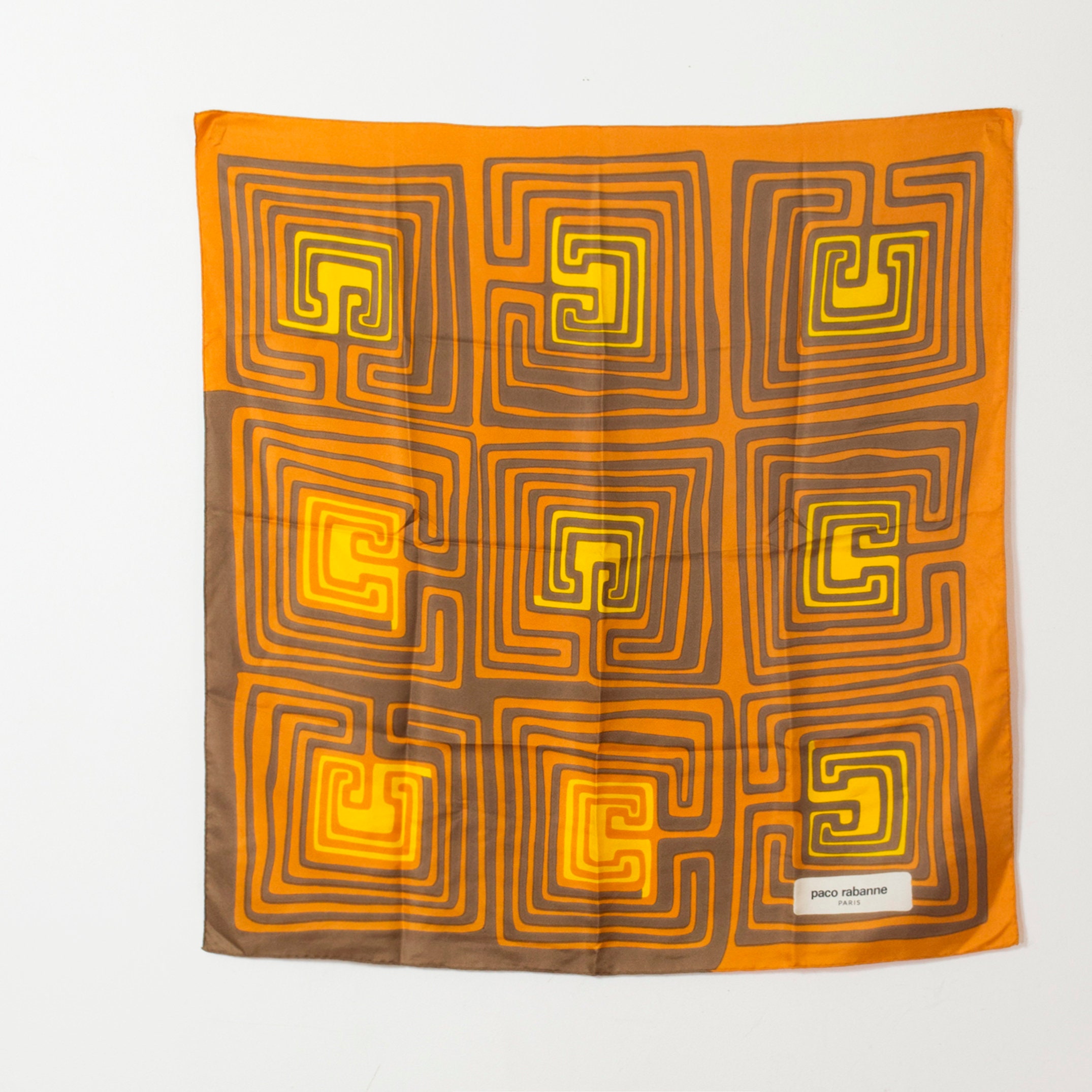 Paco RABANNE Silk Scarf Geometric Patterns Yellow-orange Tones, Brown ...