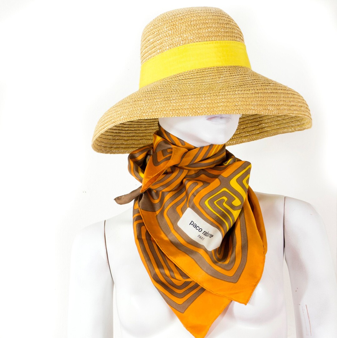 Paco RABANNE Silk Scarf Geometric Patterns Yellow-orange Tones, Brown ...