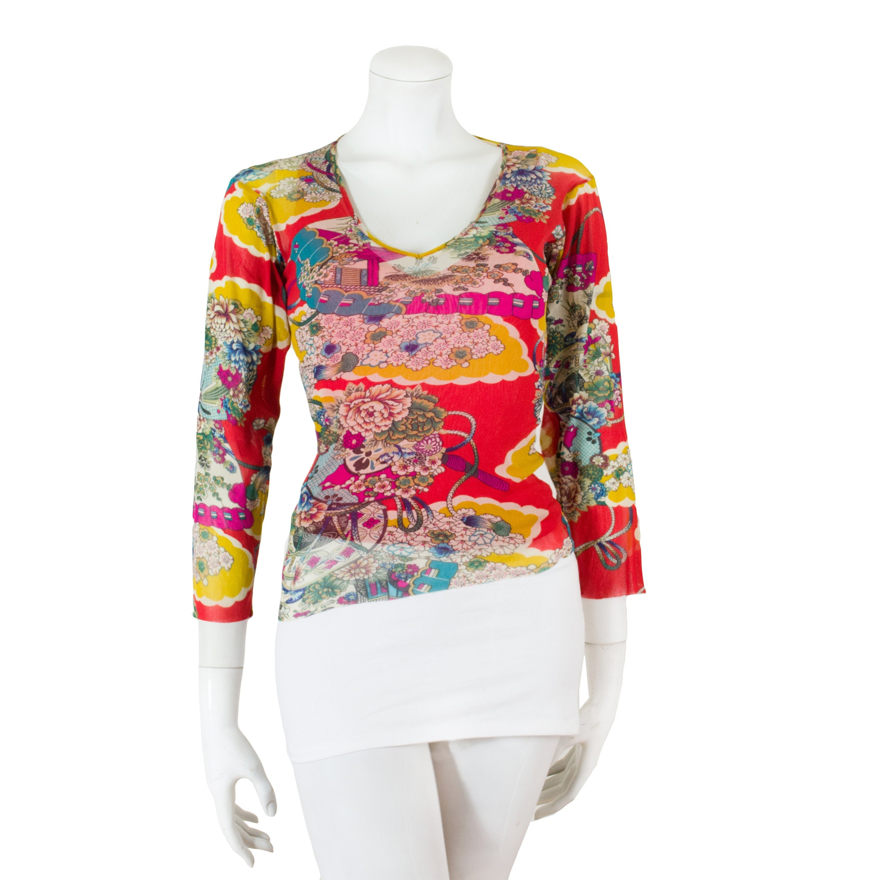 KENZO Jeans Mesh Top With Japanese Pop Patterns, V-neck / S M / Vintage ...