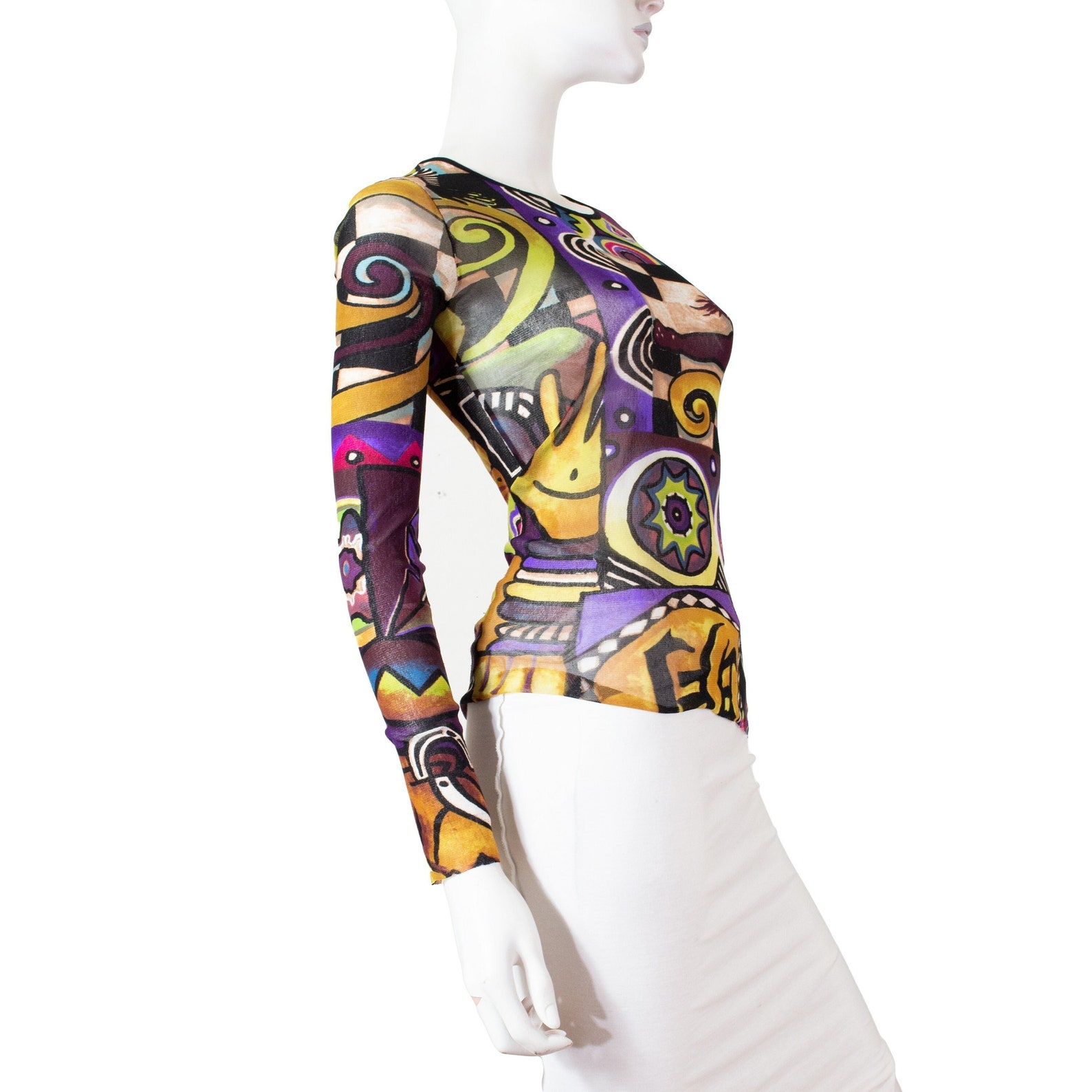 KENZO Mesh Top, Long Sleeves, Geometric Patterns, Calligraphy, RARE / S ...