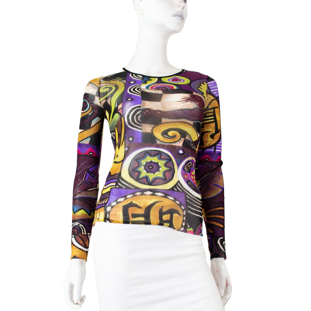 KENZO Mesh Top, Long Sleeves, Geometric Patterns, Calligraphy, RARE / S ...