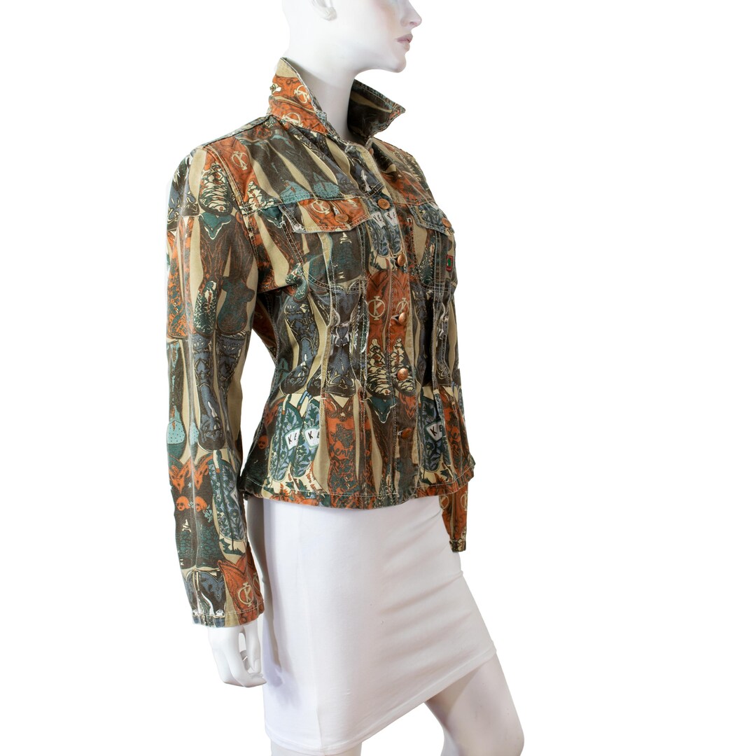 KENZO Jeans Jacket in Cotton, Cowboy Boots Patterns and K Logo on Beige ...