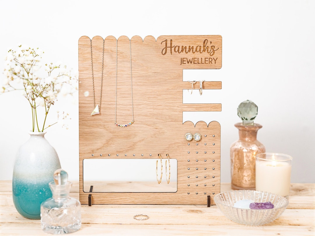 Personalized Wooden Jewelry Stand: Engraved Earring & Necklace Holder ...
