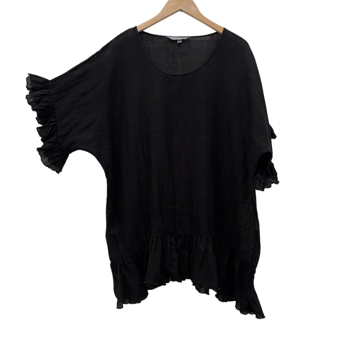 Vintage Black Linen Top Tunic With Ruffle Trim - Etsy