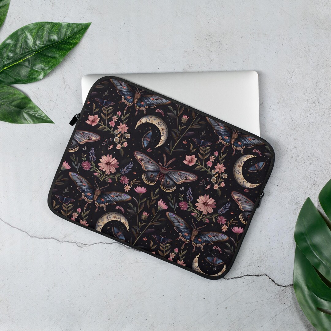 Cute Whimsicore Aesthetic Laptop Sleeve, Ethereal Moth Boho Floral ...
