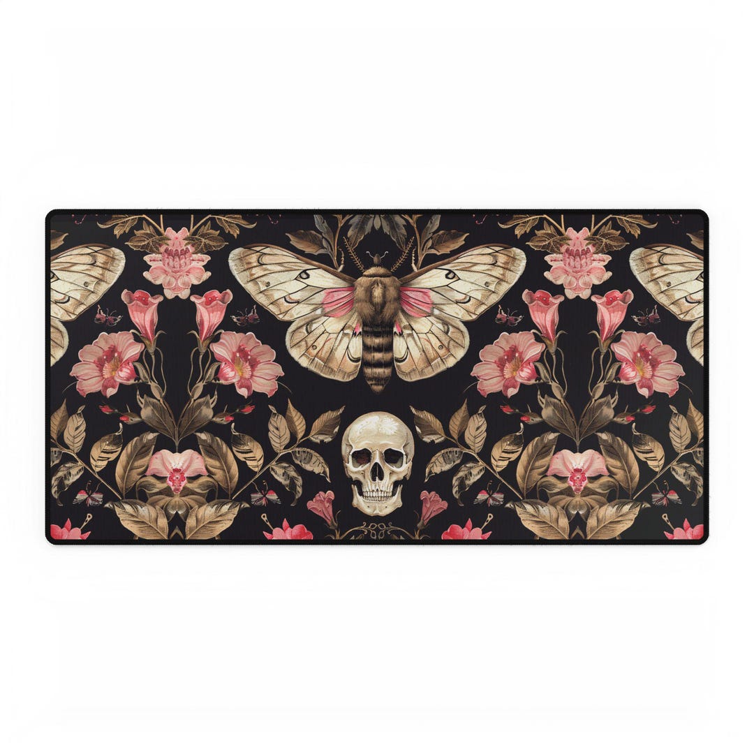 Ethereal Desk Mats, Pink and Black Floral Moth Goth Skull, Relevant to ...