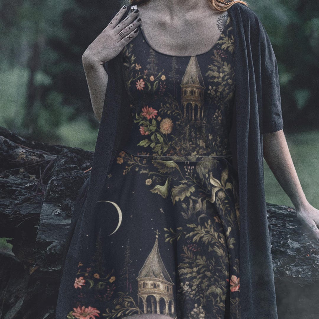 Floral Cottagecore Night Witch Goth Skater Dress, Women's Dress, Women ...