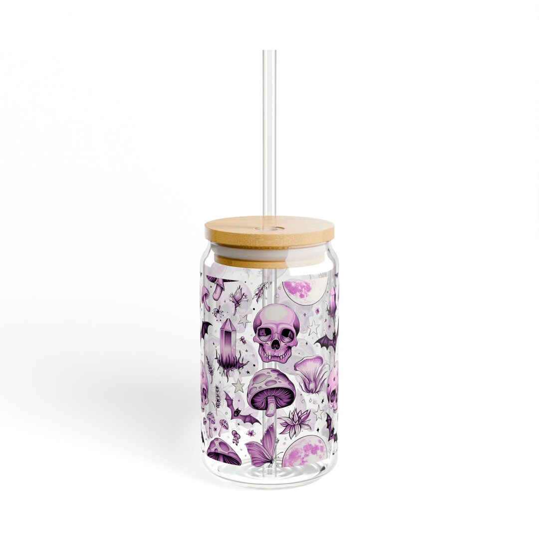 16oz Skull and Crystal Sipper Glass With Lid and Straw, Gothic Floral Design Stars, Perfect Gift ...