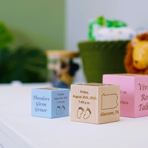 Personalized Newborn Baby Wooden Cube With Birth Stats, Natural, Pink ...