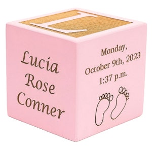 Personalized Newborn Baby Wooden Cube With Birth Stats, Natural, Pink ...