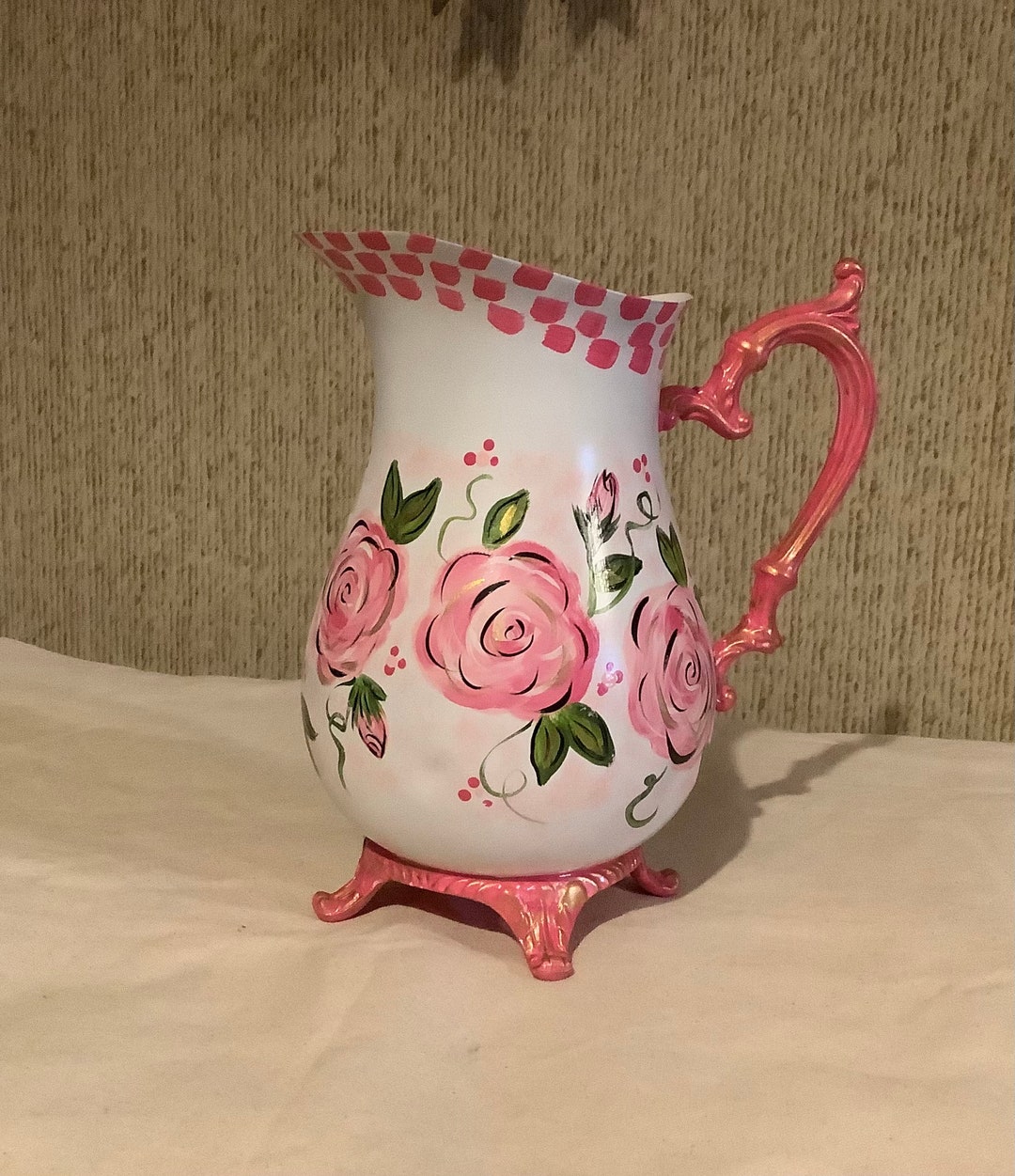 Hand Painted Silver Plate Pitcher. Shabby Chic Pink Roses. - Etsy