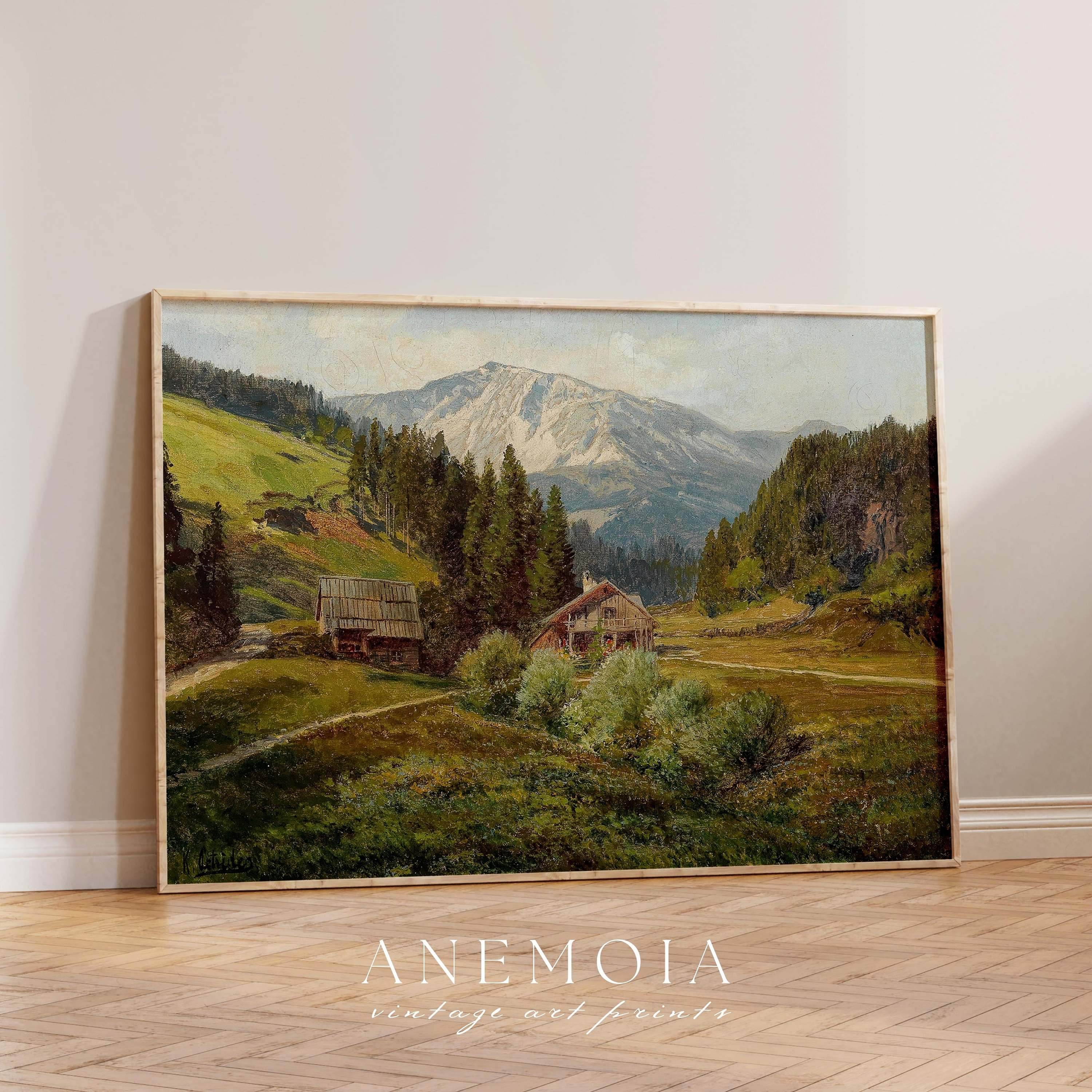 Cabin in the Swiss Alps Vintage Art Download Mountain Landscape Rustic ...