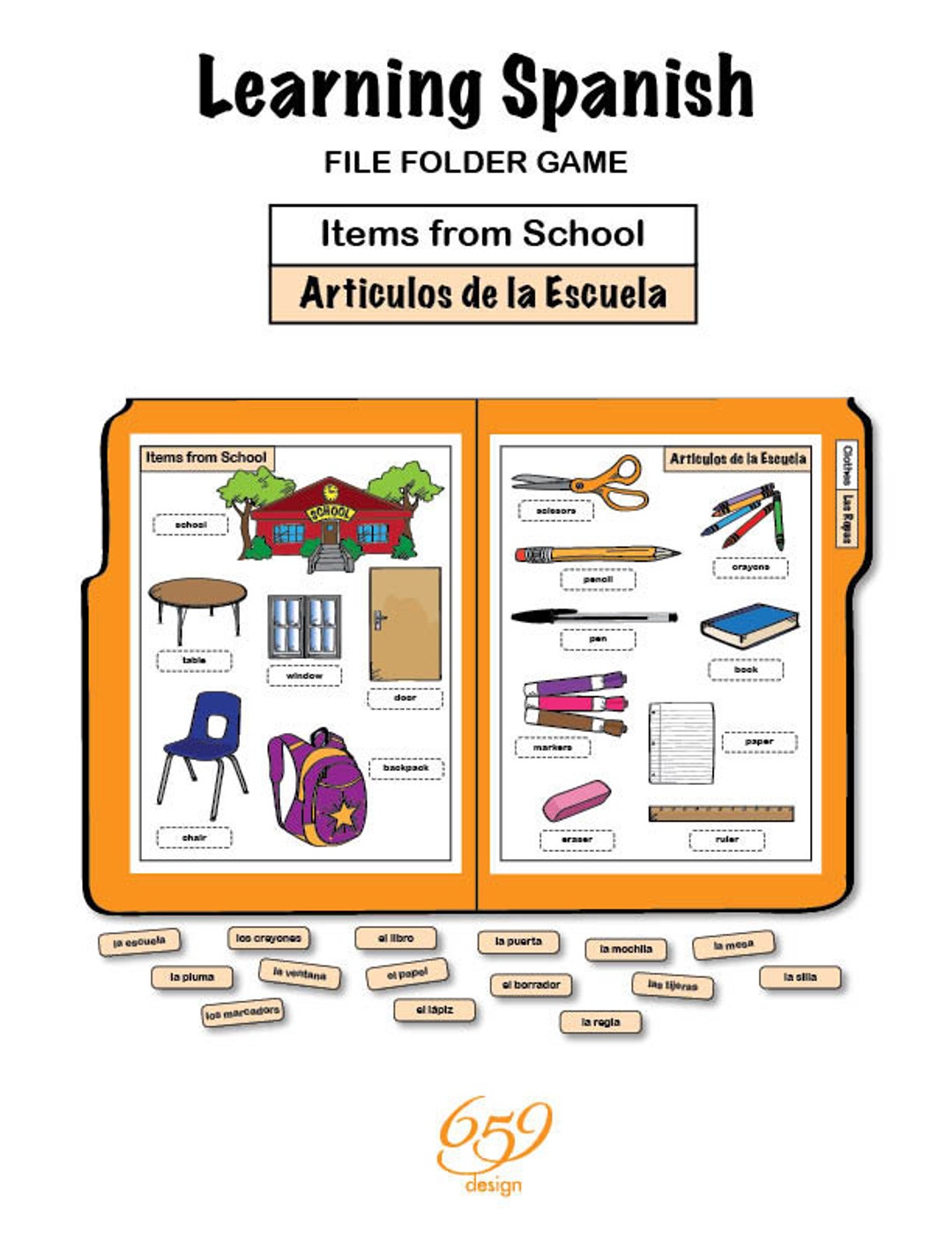 Learning Spanish/english File Folder Game - Items From School/articulos ...