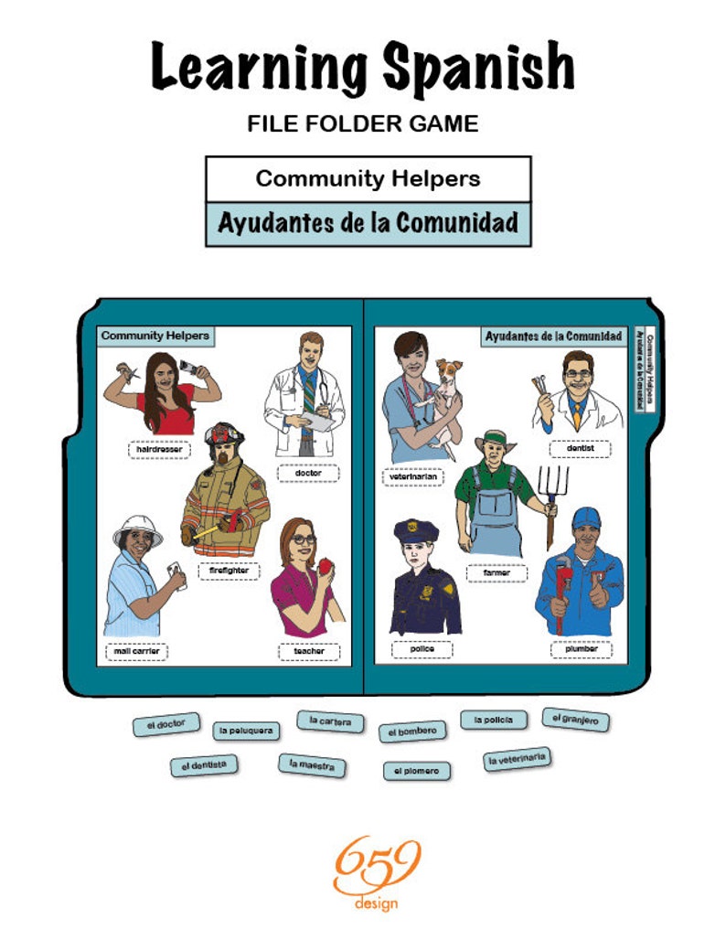 Learning Spanish/english File Folder Game - Community Helpers - Etsy
