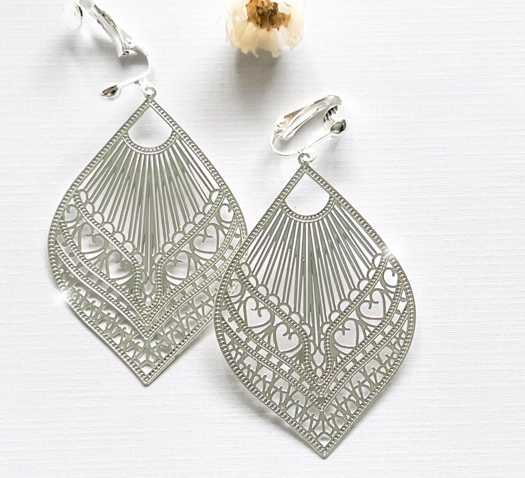 Big Clip on Earrings, Non Pierced Earrings, Silver Dangle Earrings ...