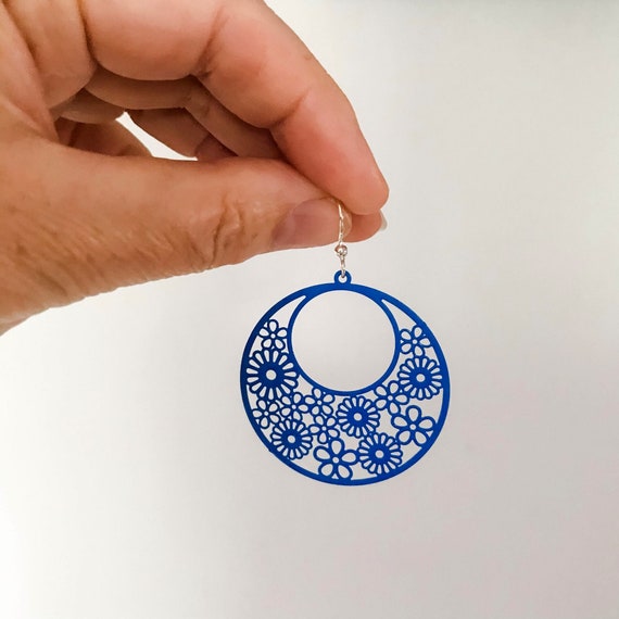 Blue Flower Earrings Large Round Earrings Gift Earrings | Etsy