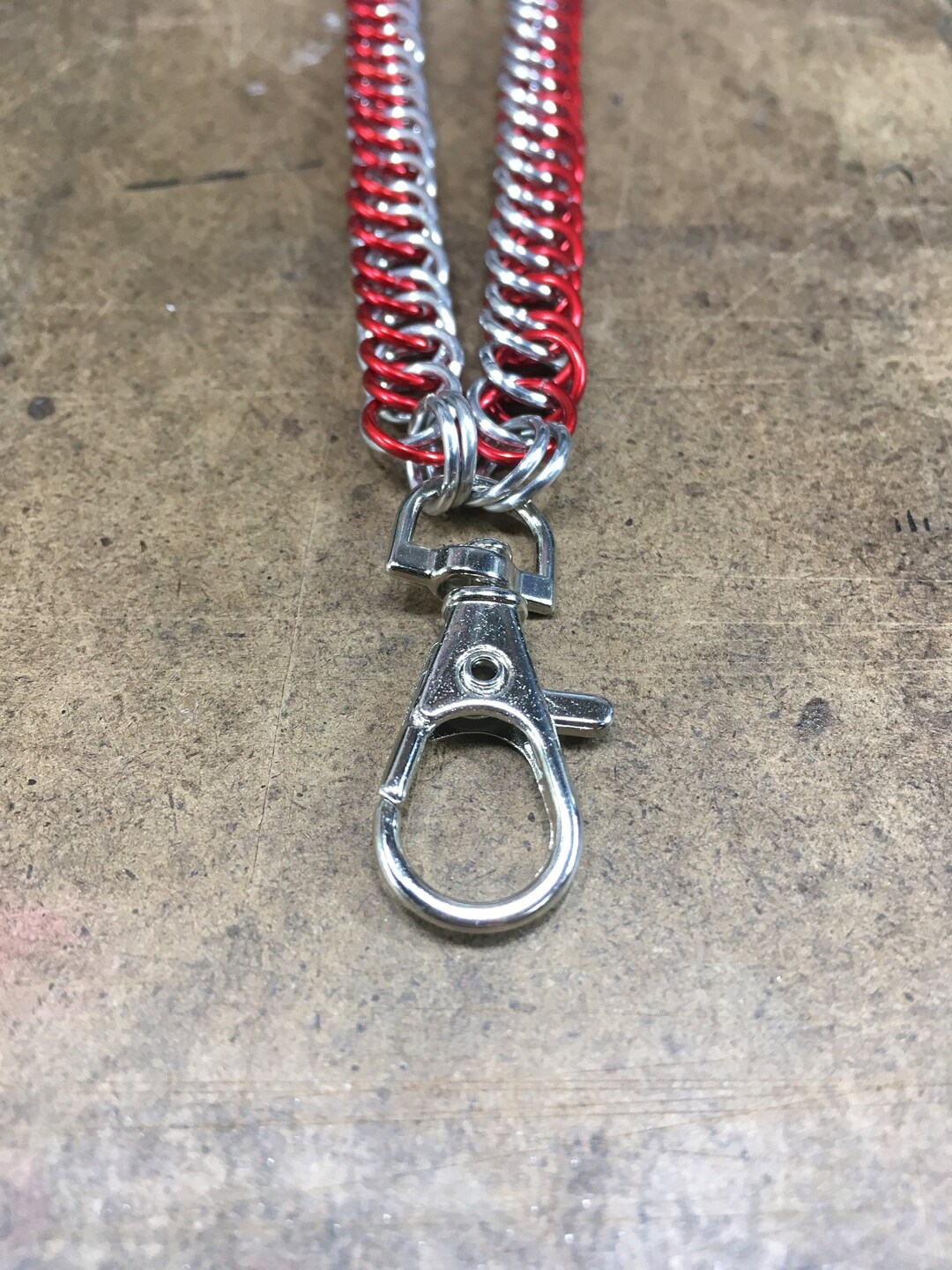 Badge Key Chain Chainmail Lanyard Red and Silver - Etsy