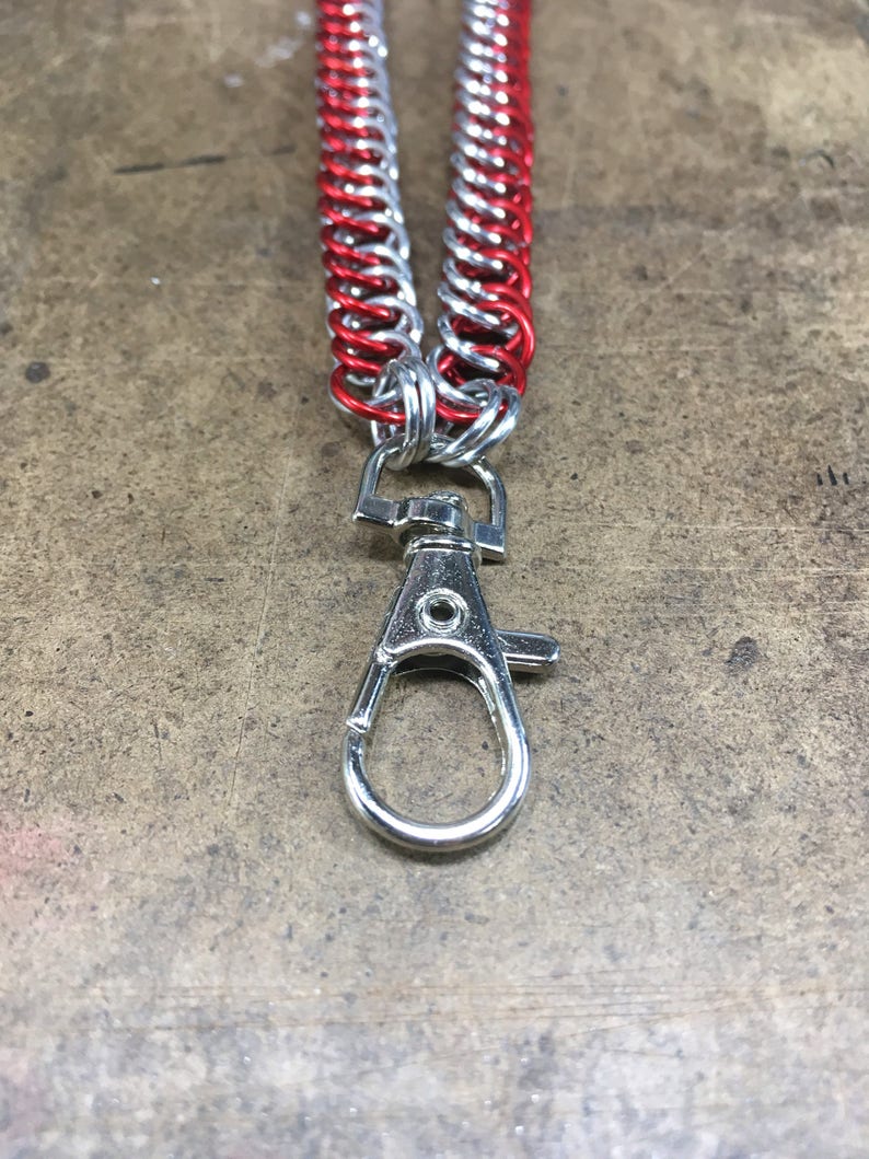 Badge Key Chain Chainmail Lanyard Red and Silver - Etsy