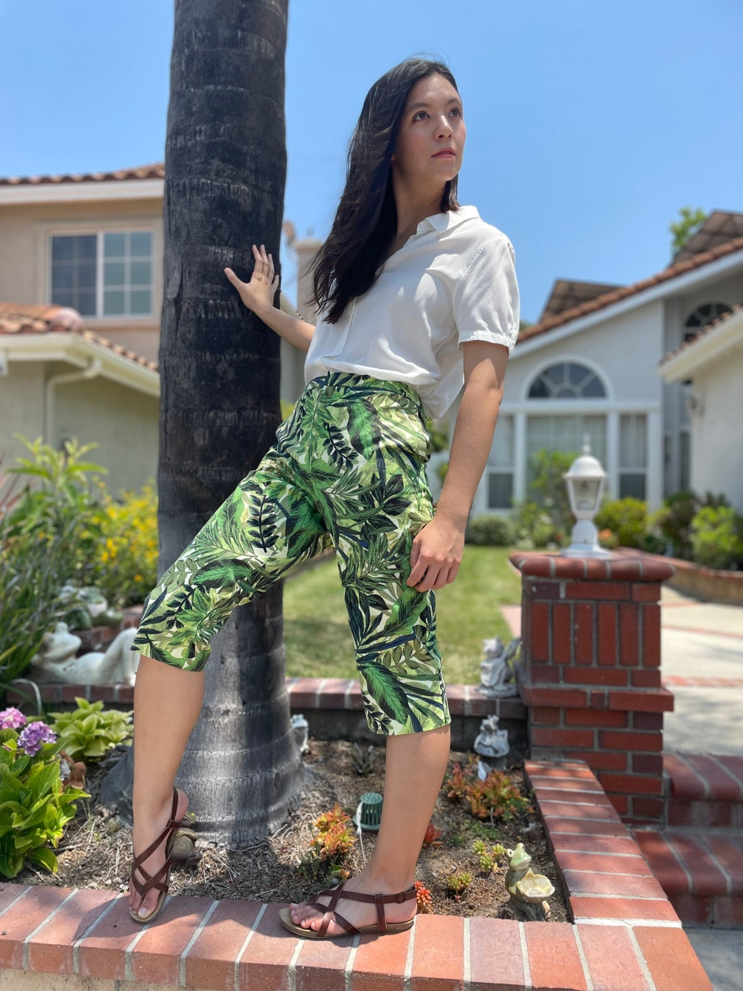 80s Bermuda Style Summer Palm Leaf Shorts - Etsy