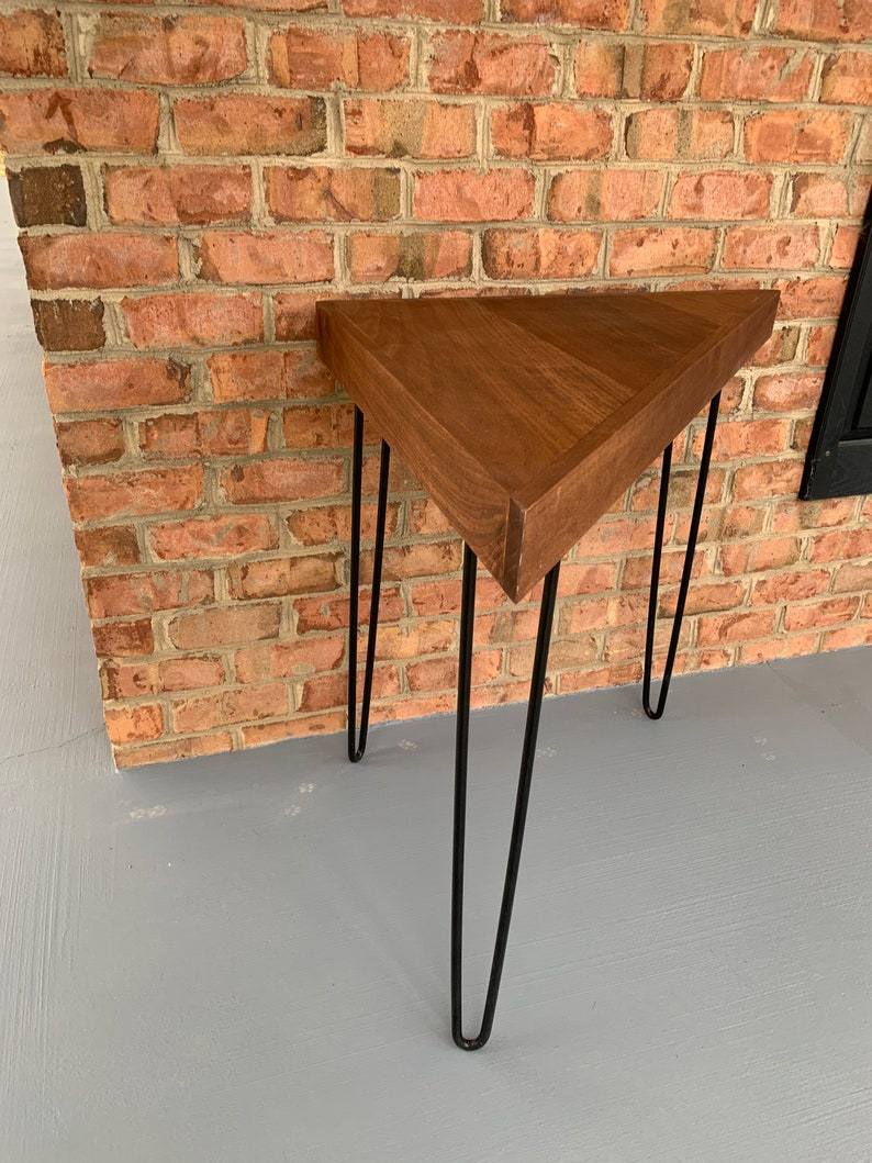 Tall Corner Triangle Table With Black Hairpin Legs Poplar Wood Stained ...