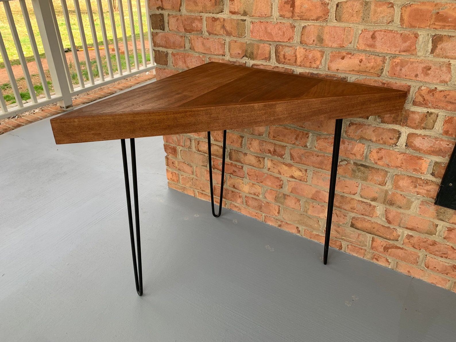 Tall Corner Triangle Table With Black Hairpin Legs Poplar Wood Stained ...
