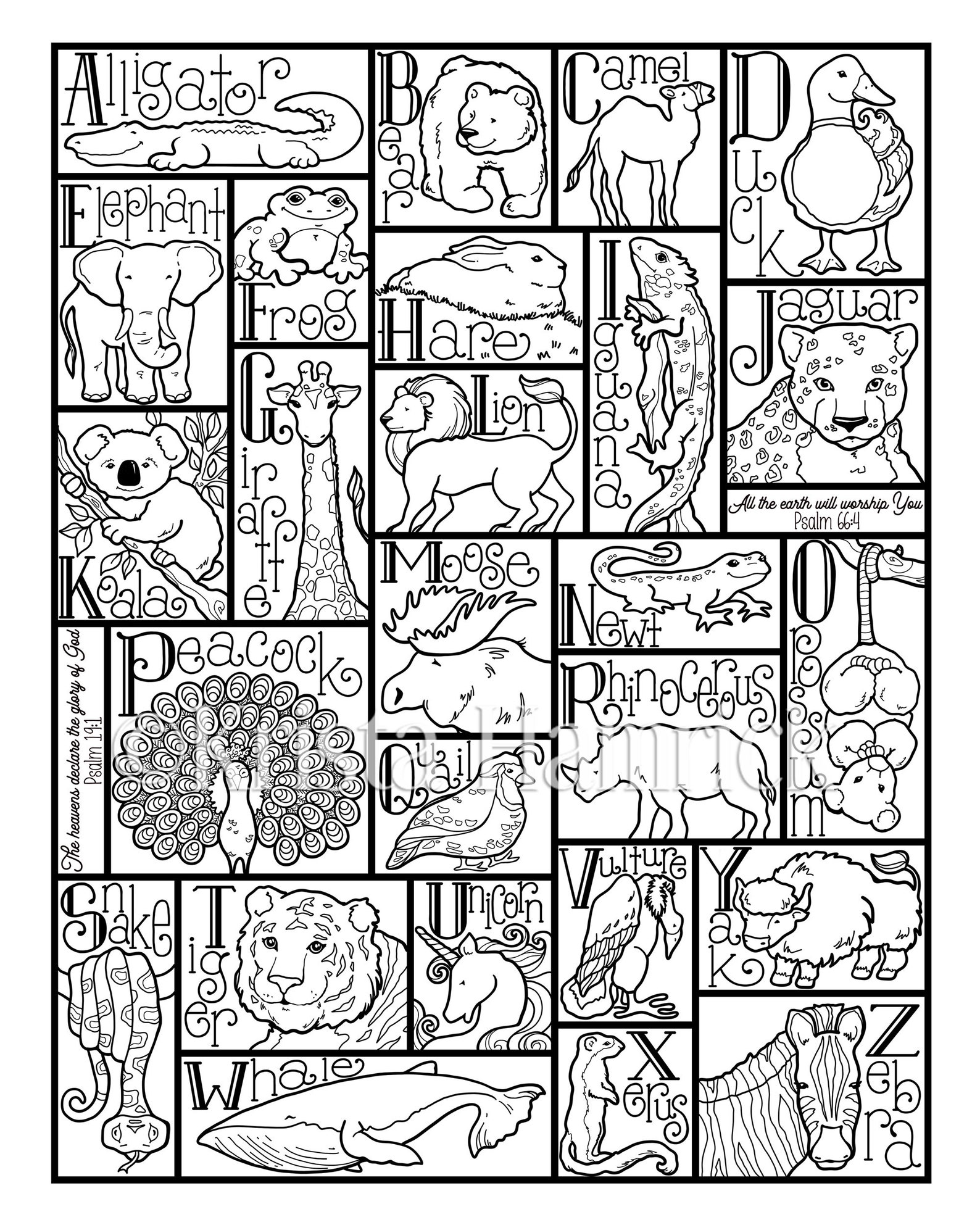 Alphabet Animals Coloring Page in Two Sizes: 8.5X11, 5X7 for Cardmaking ...