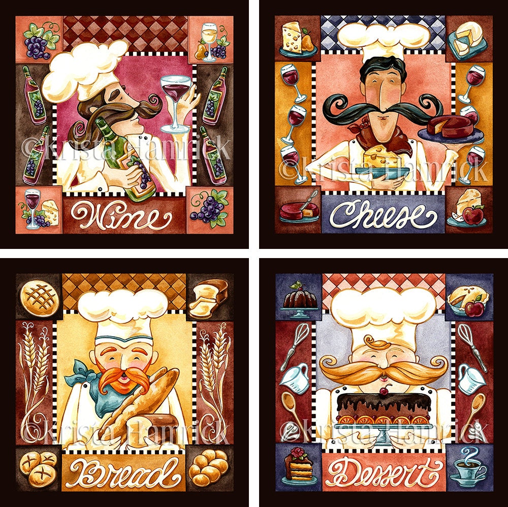 ART PRINT Chefs, Set of 4-- Kitchen Art, Original Art Prints 8X8, 12X12 ...