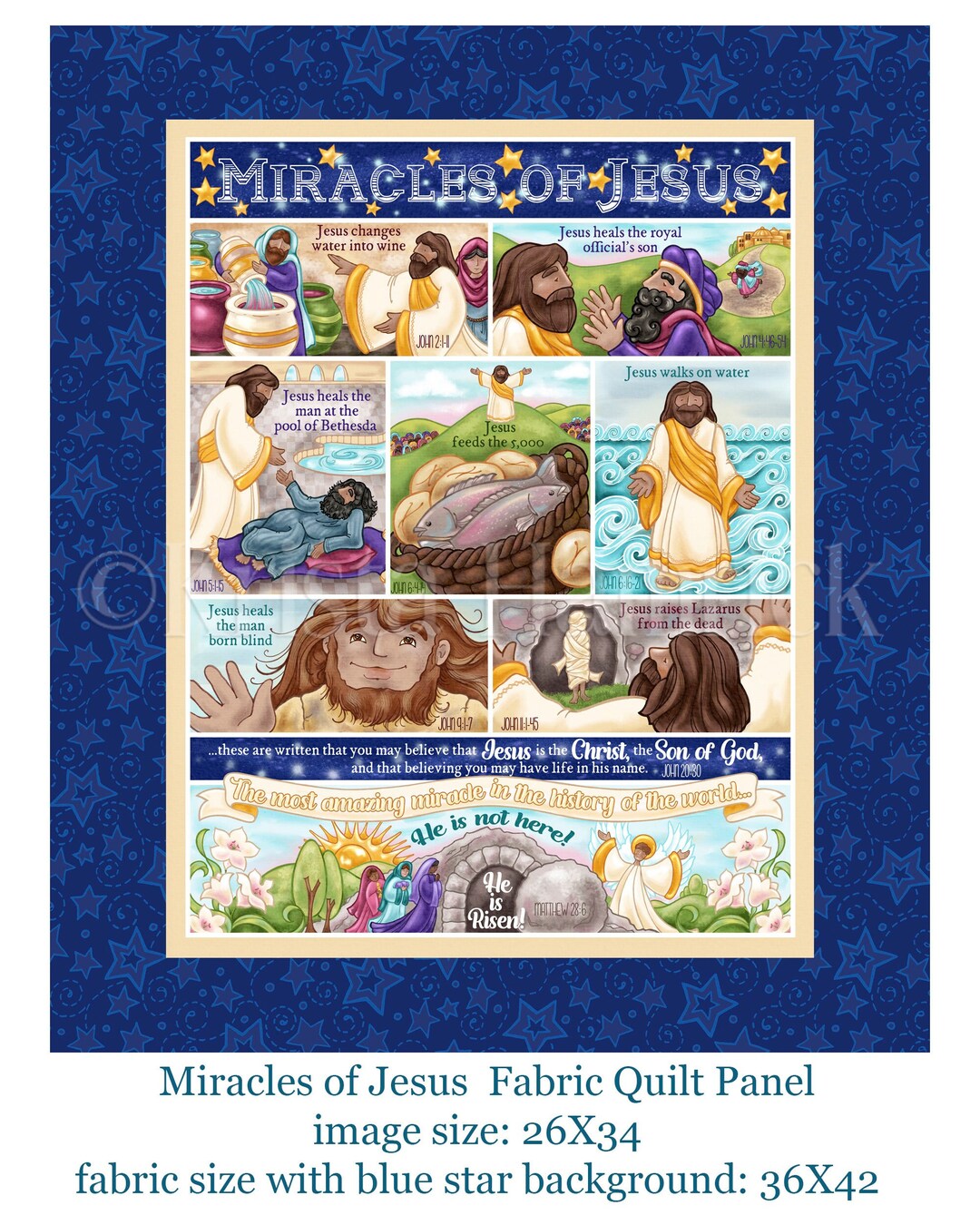 FABRIC PANEL Miracles of Jesus Cotton Quilt Fabric Panel Overall Fabric ...