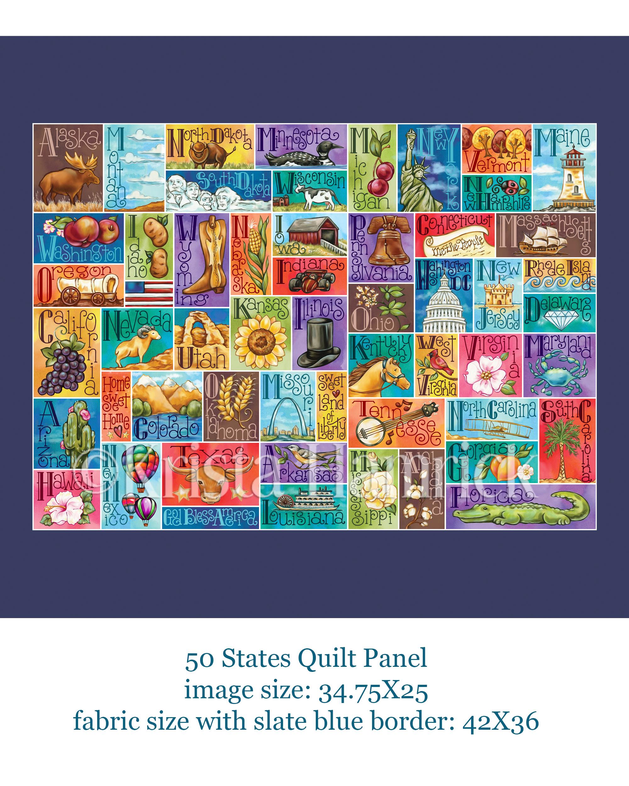 FABRIC PANEL 50 States Cotton Quilt Fabric Panel Overall Fabric Size ...