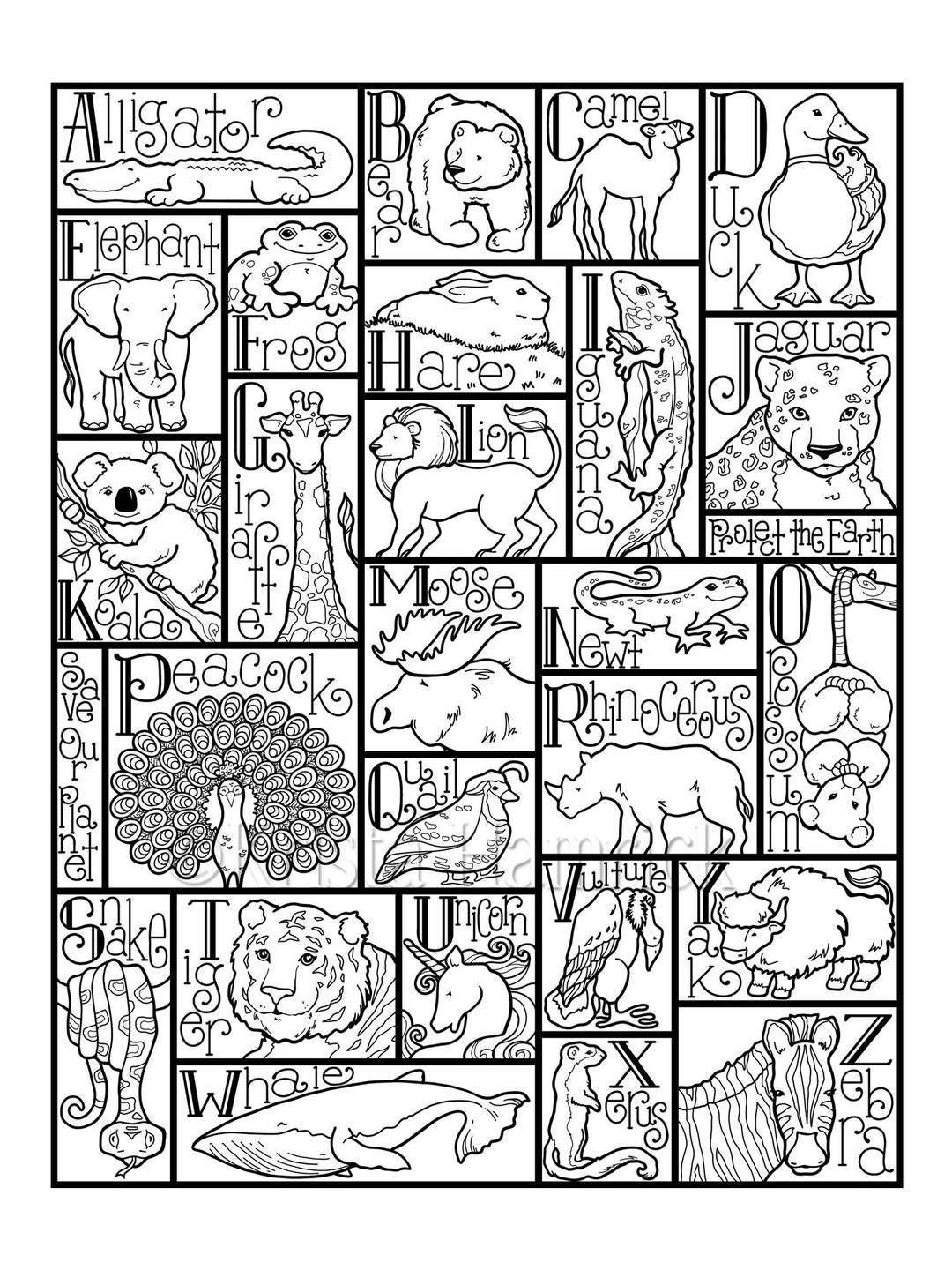 Alphabet Animals Coloring Page in Two Sizes: 8.5X11, 5X7 for Cardmaking ...