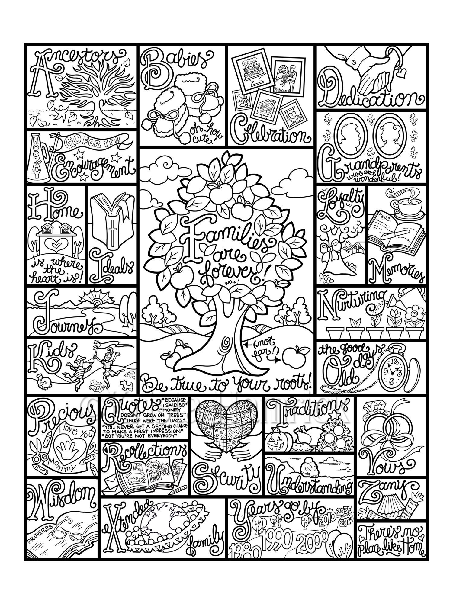 Family Alphabet Coloring Page in Two Sizes: 8.5X11, 5X7 for Cardmaking ...