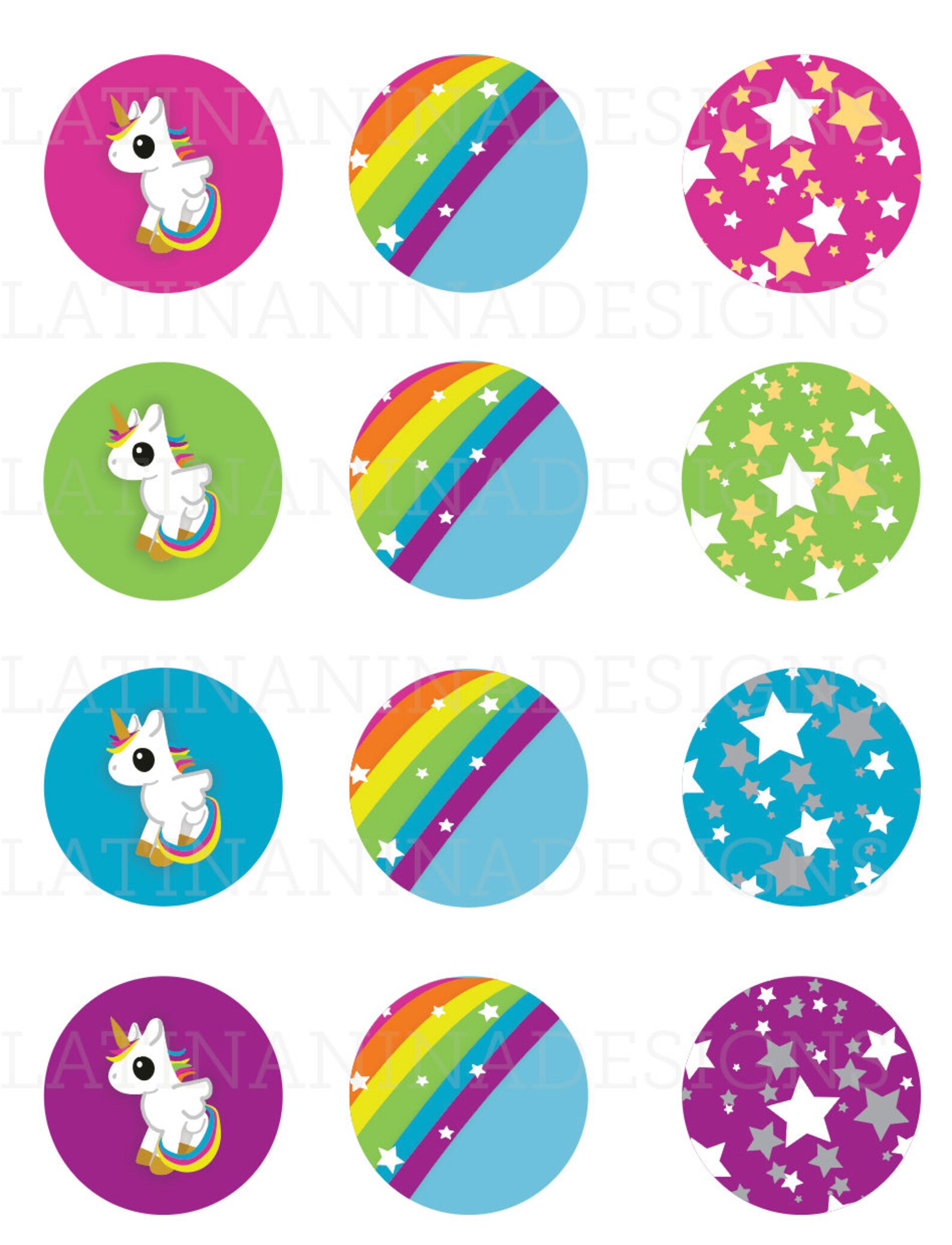 Round Unicorn Stickers, Rainbow Stickers, Kawaii Unicorn Stickers ...