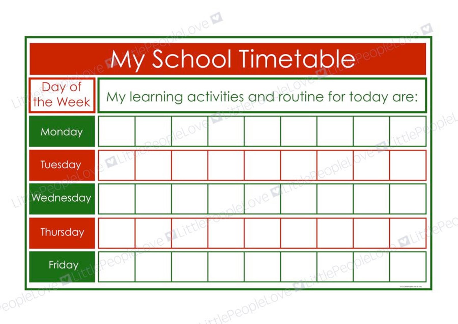 My School Timetable (green/red) - Etsy