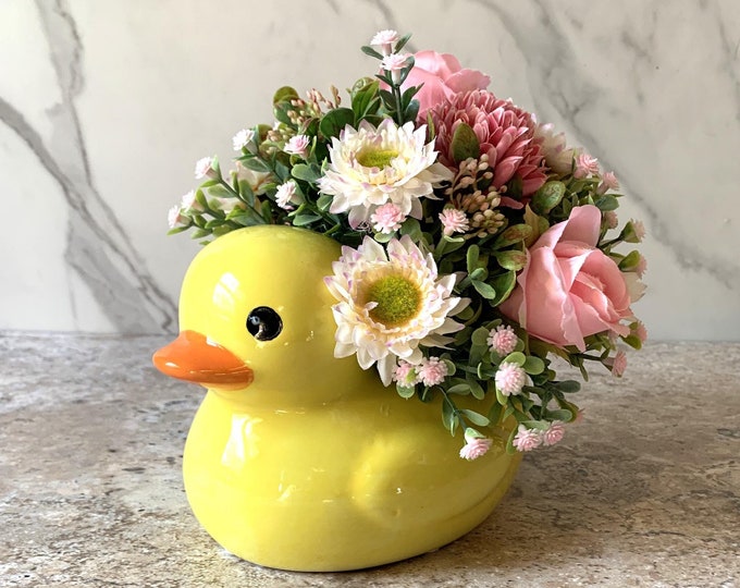 Ceramic Yellow Duck With Artificial Flowers, Baby Shower Arrangement ...