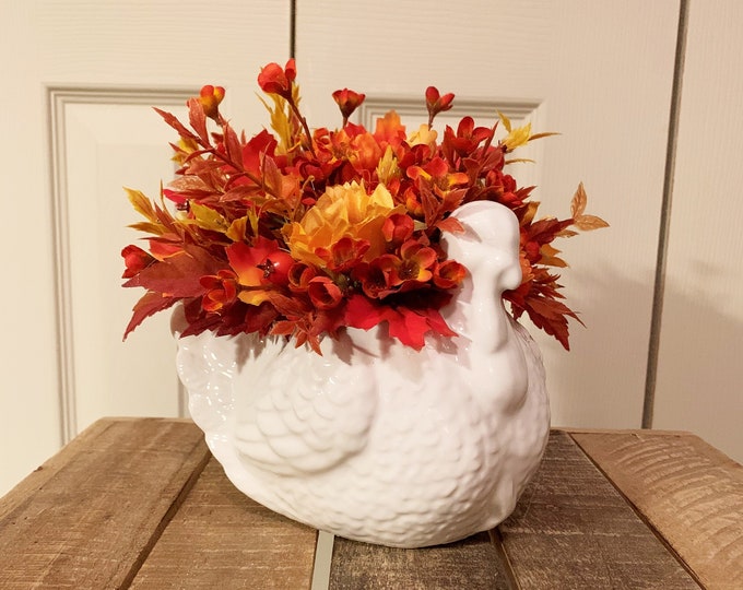 Ceramic Turkey With Artificial Flowers - Small Fall Floral Arrangement ...