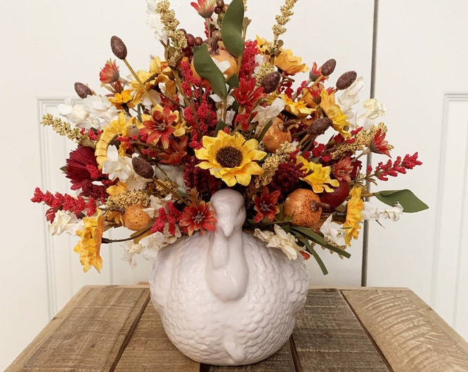 Ceramic Turkey Floral Arrangement - Fall Floral - Turkey Decoration ...