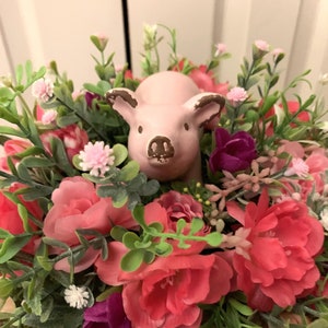 Small Artificial Flower Centerpiece With Rustic Ceramic Pig Pig ...