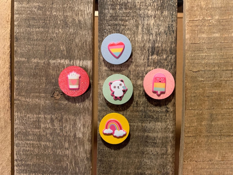 Hand Painted Wooden Magnets With Decoupaged Puffy Stickers and Glitter ...