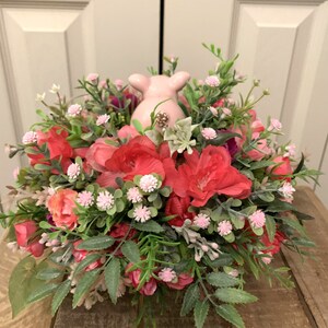 Small Artificial Flower Centerpiece With Rustic Ceramic Pig Pig ...