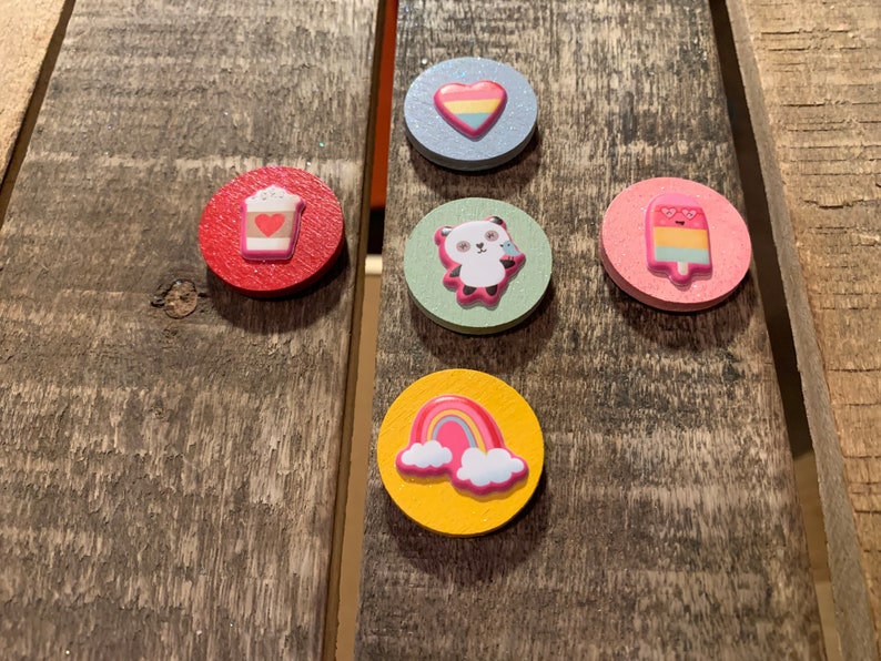 Hand Painted Wooden Magnets With Decoupaged Puffy Stickers and Glitter ...