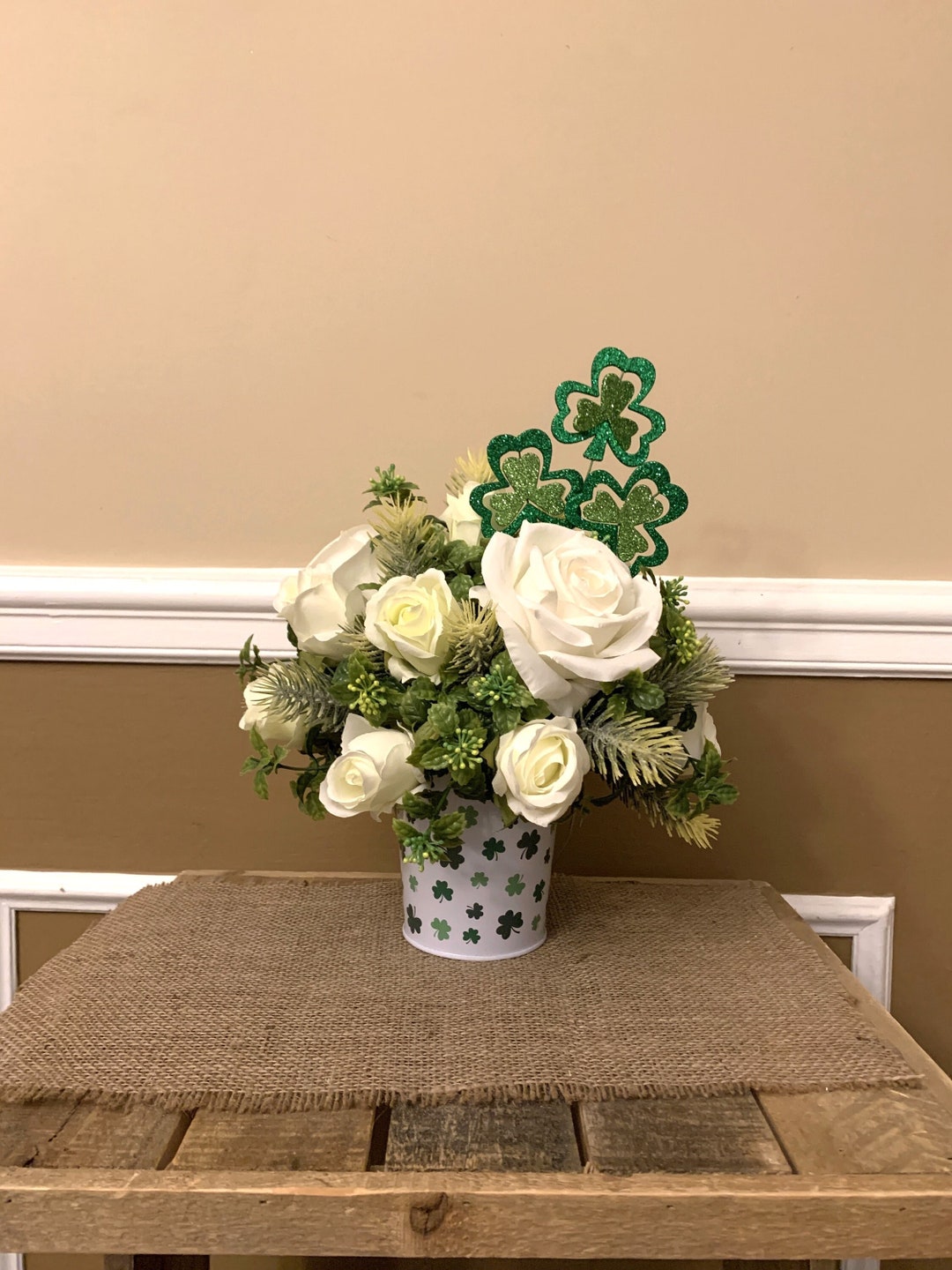 St. Patrick's Day Floral Arrangement - Tin Pail With Clovers - St ...