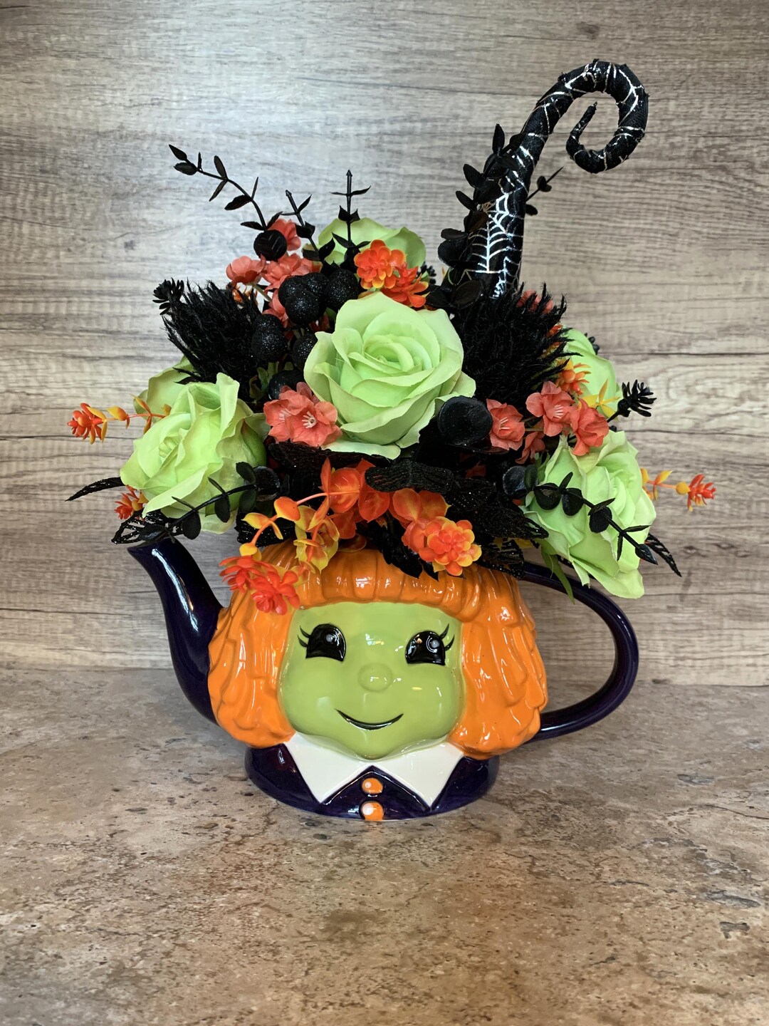 Halloween Witch Teapot Floral Arrangement: Handmade Whimsical Decor - Etsy