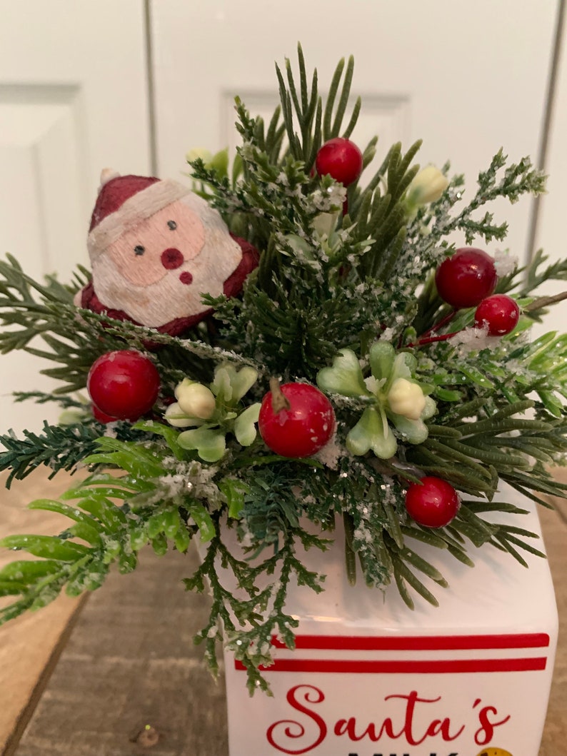 Small Pine Floral Arrangement With Primitive Santa - Santa's Milk ...