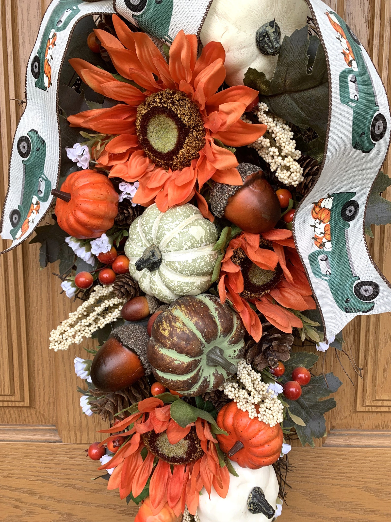 Fall Pumpkin Door Swag With Wired Truck Ribbon - Gorgeous Autumn Twig ...