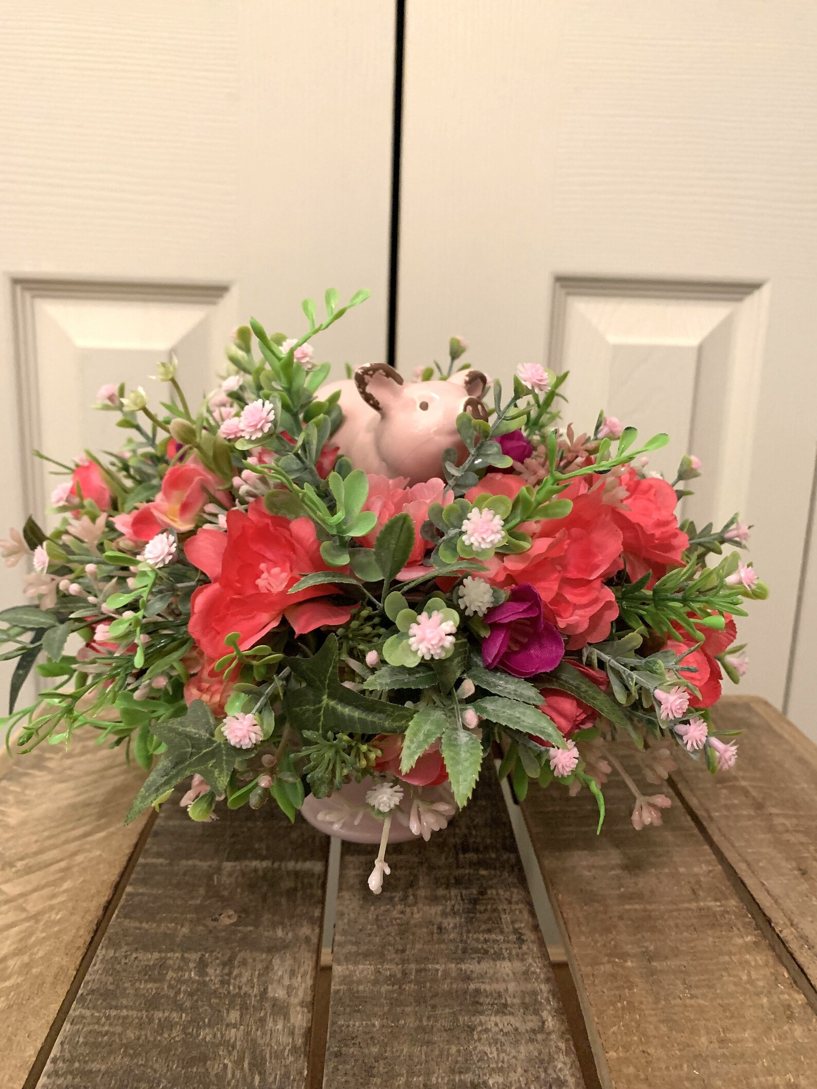 Small Artificial Flower Centerpiece With Rustic Ceramic Pig - Etsy