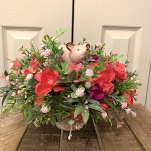 Small Artificial Flower Centerpiece With Rustic Ceramic Pig Pig ...