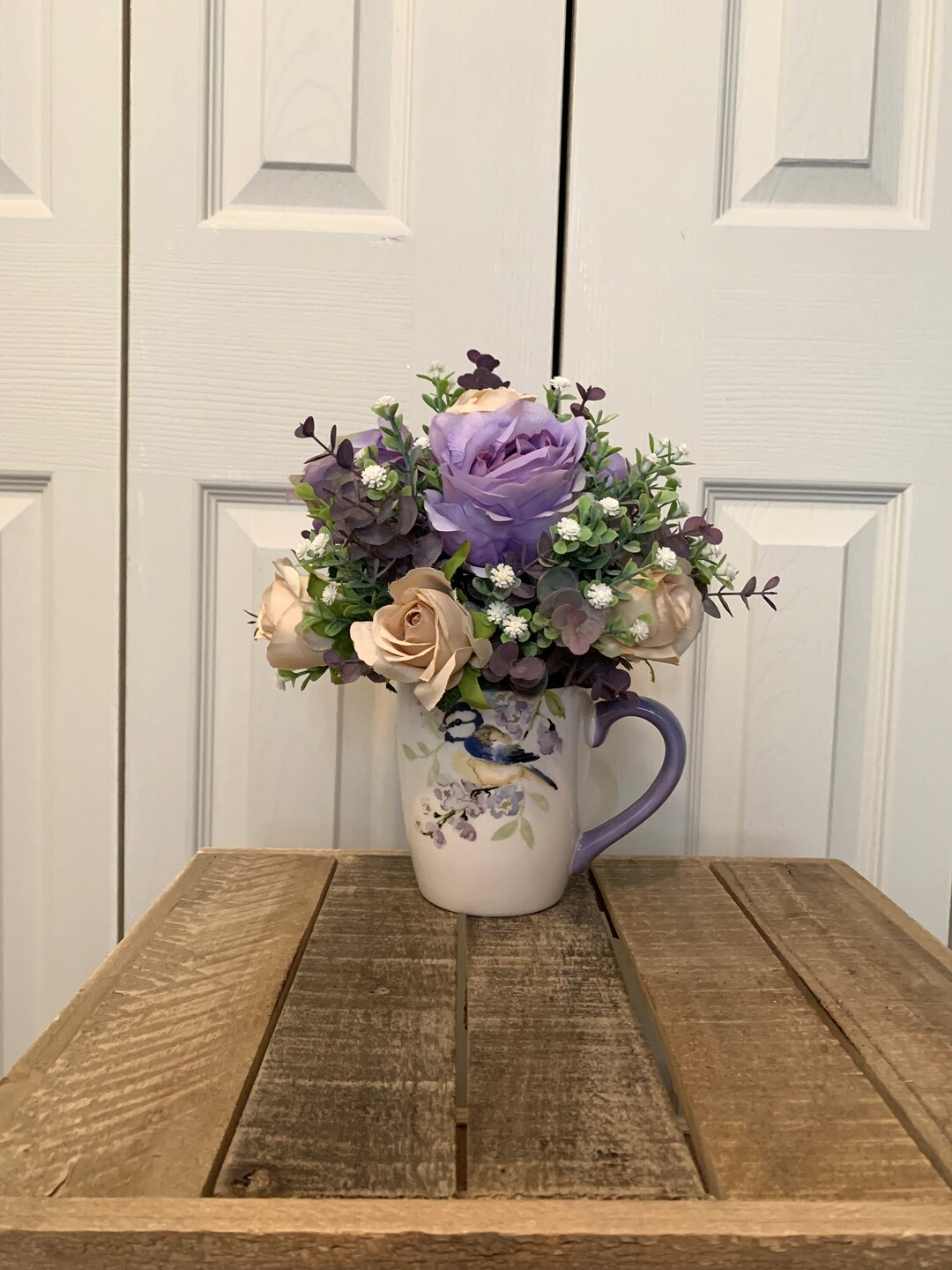 Coffee Mug With Artificial Flowers - Lavender Roses in Bird Coffee Mug ...