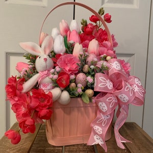 Easter Basket Floral Arrangement With Bunny and a Variety of Pink ...